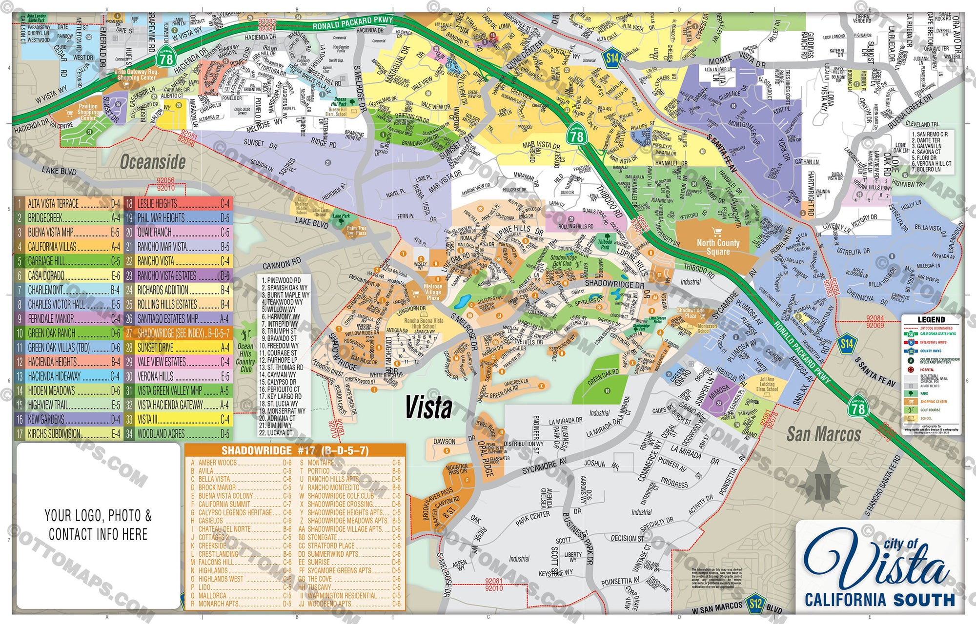 Vista Map - FULL (comes with 3 maps: Full, North & South), San Diego C ...